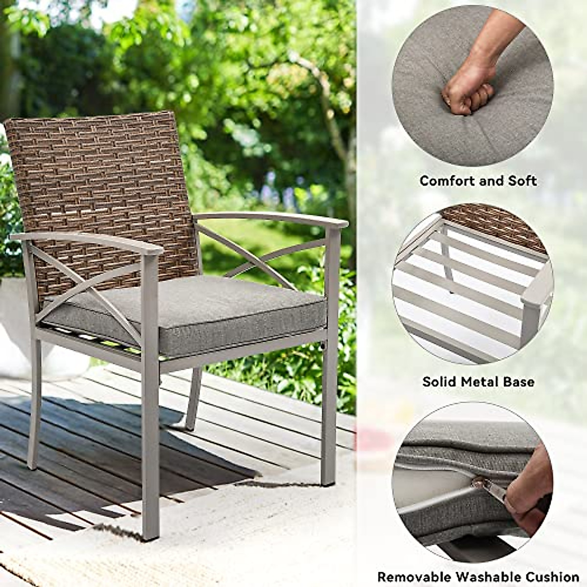YITAHOME 7-Piece Patio Dining Set, Outdoor Wicker Conversation Furniture with 2 Rocking Chairs, Soft Gray Cushions and Imitation Wood Grain Dining Table for Backyard, Balcony and Garden