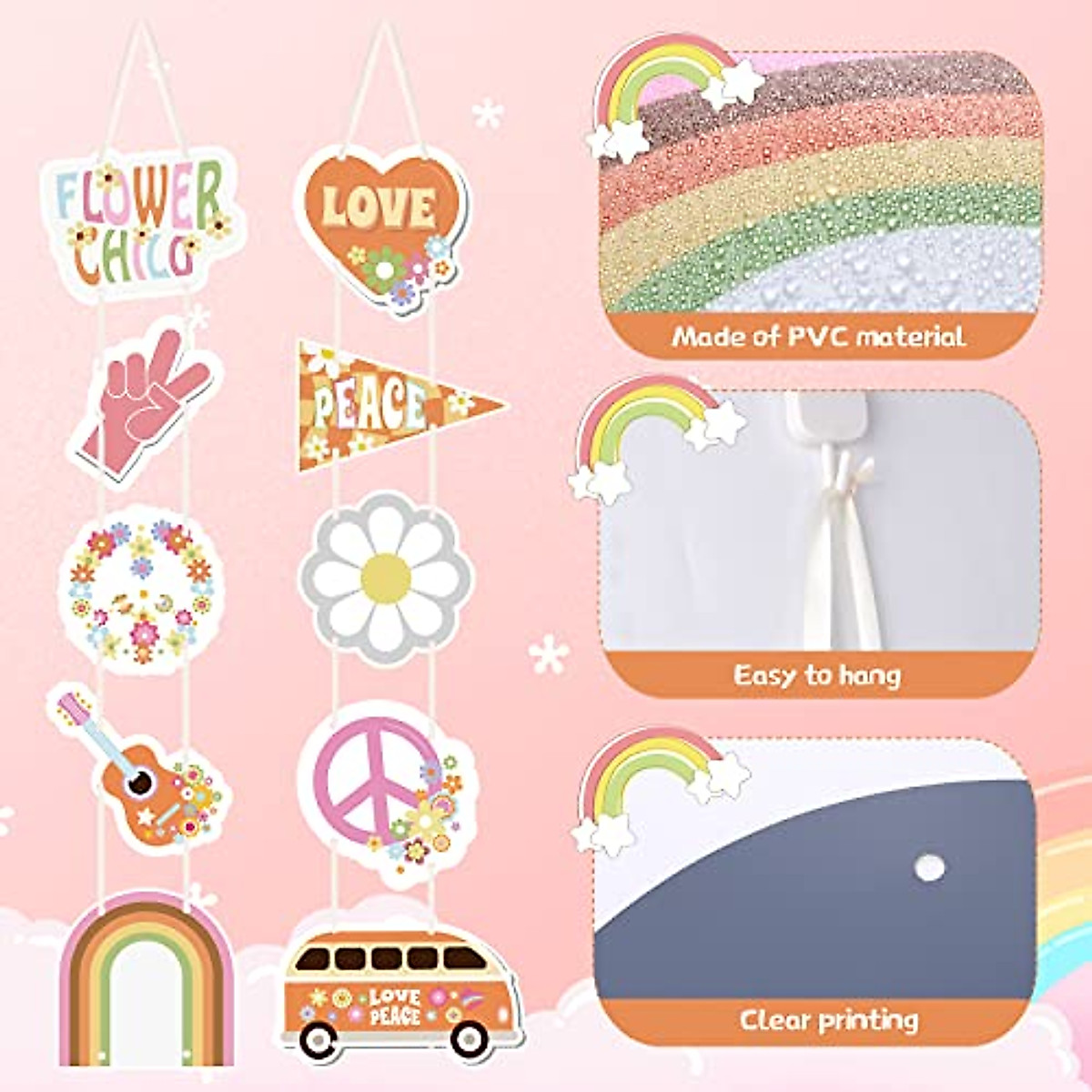 Two Groovy Party Decorations Hippie Door Sign 60s Theme Porch Banner Garland Retro Boho Wall Hanging Photo Prop Backdrop Rainbow Daisy Flower Decor for Girls Birthday Baby Shower Favors Supplies