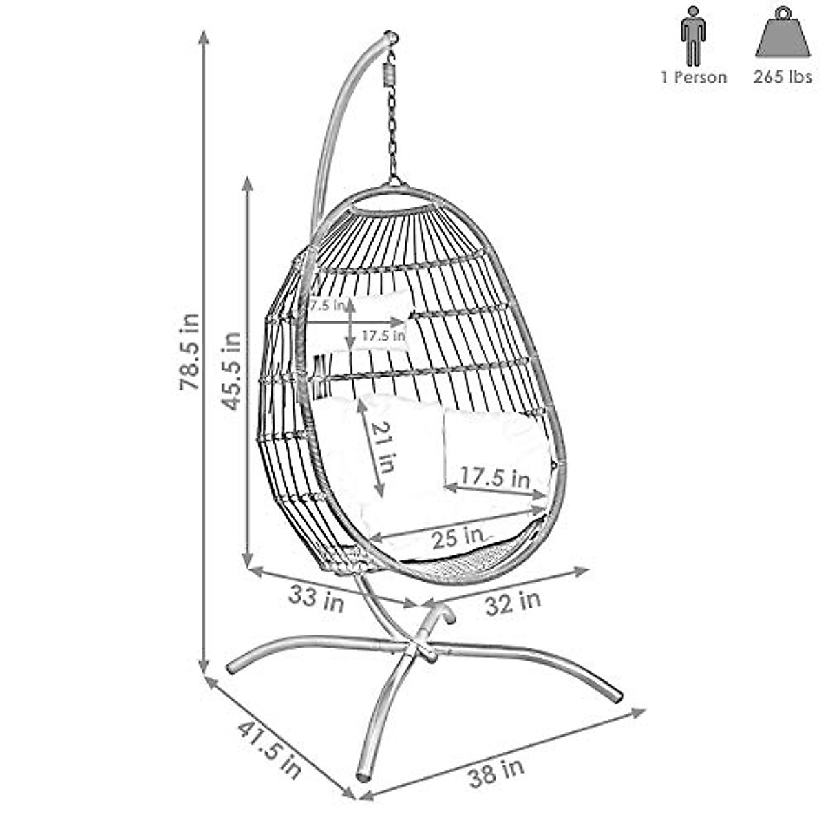 Sunnydaze Penelope Hanging Egg Chair with Seat Cushions and Stand - Black Hanging Wicker Chair with Turquoise Polyester Cushions and Powder-Coated Steel Stand - Collapsible Nylon Back Design - 78-Inch