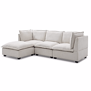 kevinplus 99.3'' Sectional Sofa Couch Cloud Sofa Couch Dupes with Feather Filled for Living Room, Modern Modular 3-Seat L-Shape Sofa Couch with Convertible Ottoman, Linen Fabric, Beige