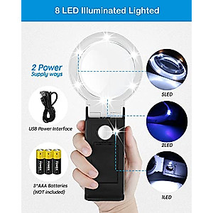 Wapodeai Magnifying Glass with Light, 6X 25X Magnifying Glass for Reading, Suitable for Reading, Jewellery, Crafts, Lnspection, Science, Seniors Read, Stamps, Map.