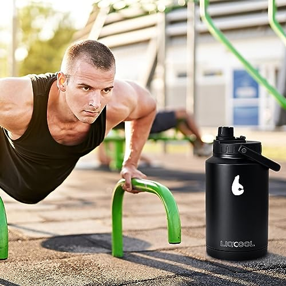 LiqCool 1 Gallon Water Jug, 128oz Insulated Water Bottle, Large Vacuum Gallon Stainless Steel Water Bottle With Handle, Wide Mouth Leak Proof Thermo Bottle for Outdoors Camping, Black