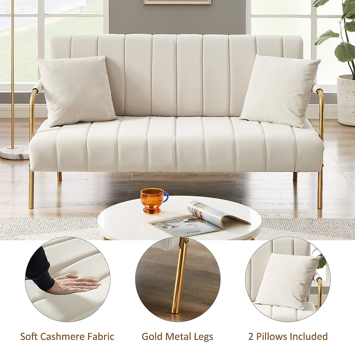 Modern Upholstered Velvet Loveseat Sofa: 60" Mid Century 2 Seater Sofa - Cashmere Sofa Couch with 2 Pillows - Gold Metal Legs - Small Spaces Bedroom Apartment Office Living Room (Beige)