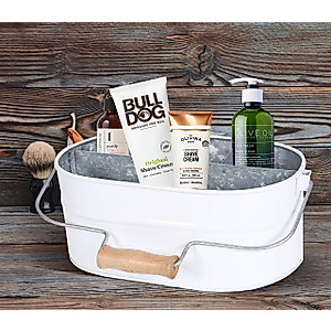 Goroly Home Galvanized Utensil Caddy with Wooden Handle for Kitchen Counter, Silverware Organizer for Flatware, Condiments, Party Supplies - White