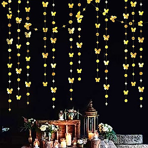 40 Ft Gold Butterfly Garland Metallic Paper Hanging Polka Dots Star Butterflies Streamer Banner for Spring Engagement Wedding Bridal Shower Baby Shower Bachelorette Birthday Party Decorations Supplies
