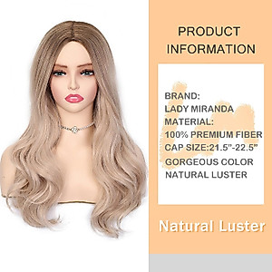 LADY MIRANDA Blonde Wigs for White Women Brown to Ash Blonde Natural Looking High Density Heat Resistant Synthetic Hair Weave Full Wigs for Women Middle Part Long Ombre Blonde Wavy Wig (T/Ash Blonde)