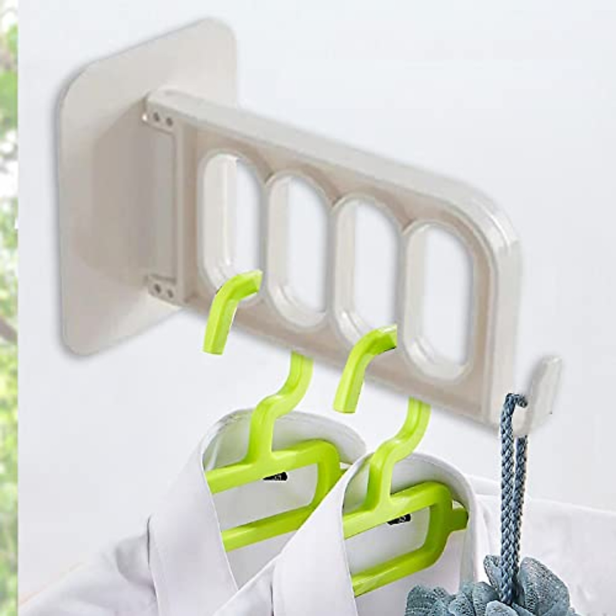 Dous Folding Wall Mounted Clothes Hanger, No Hole Punching No Trace Installation Wall Coat Rack, 4 Holes Wall Multi-Functional Hanger for Balcony Clothes, Keys, Bathroom, Wardrobe Storage