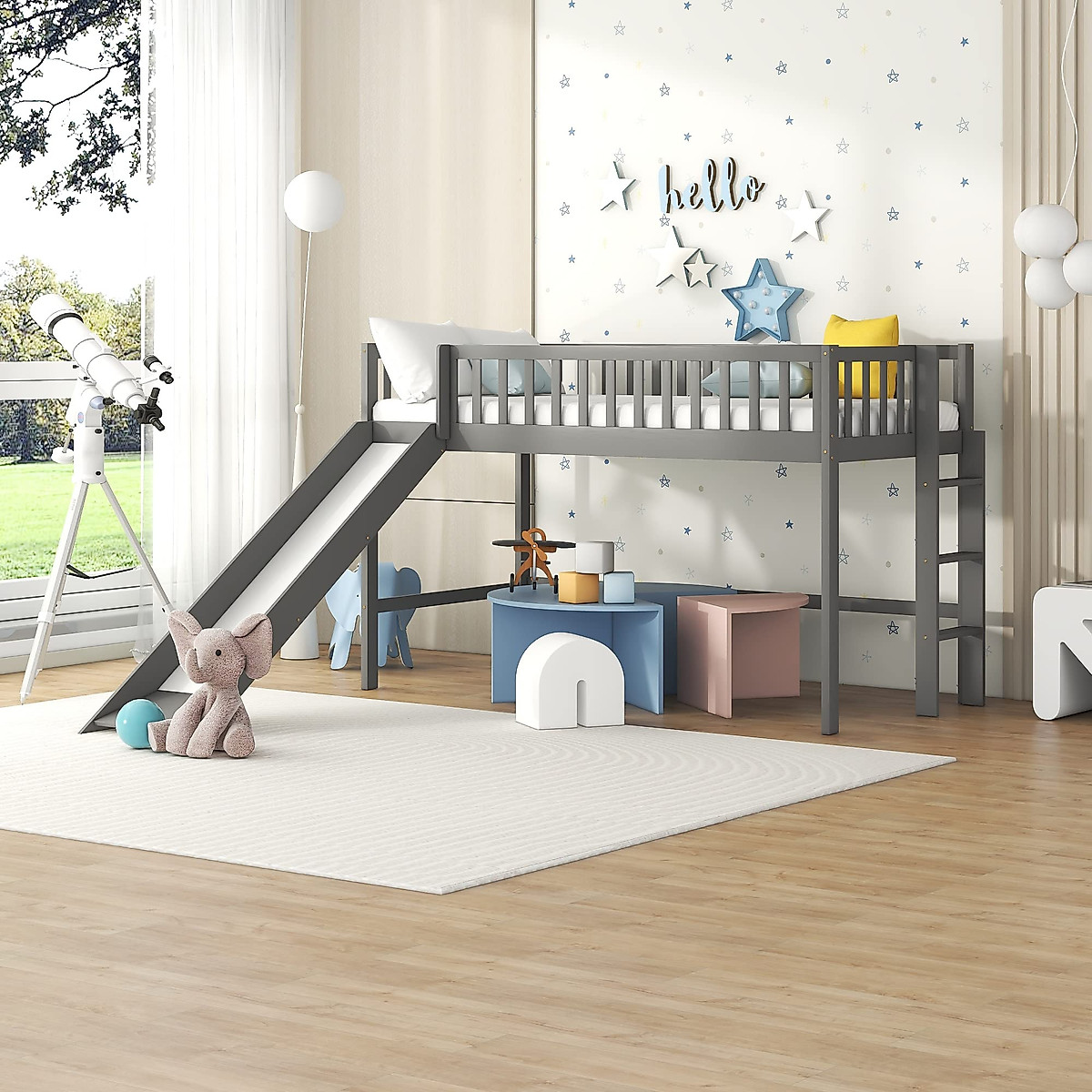 Bellemave Twin Size Low Loft Bed with Slide Wood Junior Loft Beds Frame with Ladder and Guardrails for Kids Boys Girls, Gray, Gray With Slide