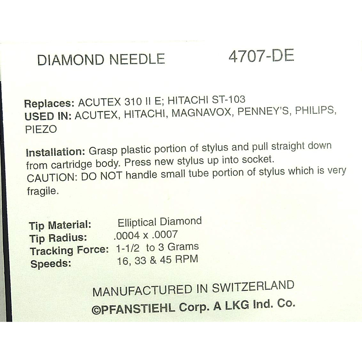 Phonograph Turntable Needle For Acutex 307E 306/II 320/III 310/II 312 315 Astatic N1801-7D Hitachi DS-ST103 Kenwood N-45 Magnavox 560418, 560421 Radio Shack RS-1150
