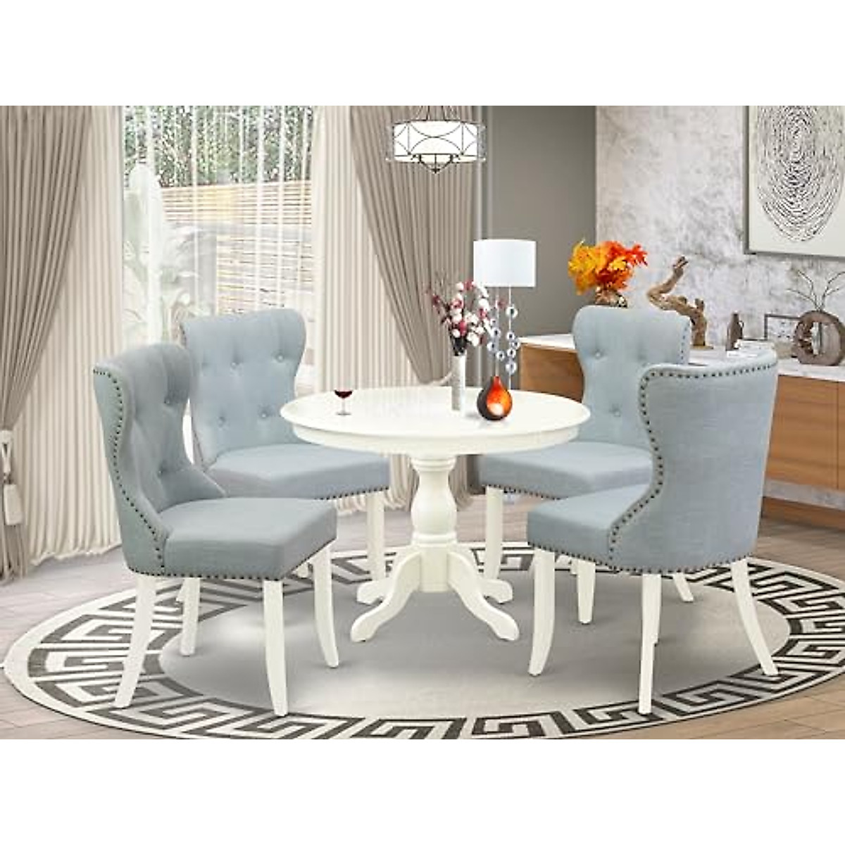 East West Furniture HBSI5-LWH-15 5 Piece Kitchen Table & Chairs Set Includes a Round Dining Room Table with Pedestal and 4 Baby Blue Linen Fabric Parson Chairs, 42x42 Inch, Linen White