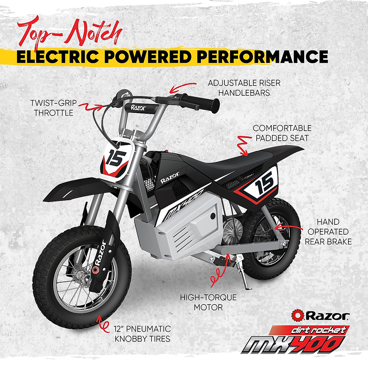 Razor MX400 Dirt Rocket – 14 MPH (22 KMH) Off-Road Electric Dirt Bike, High-Torque Motor, 30 Min Ride Time, Adjustable Handlebars, Ages 13+, Black