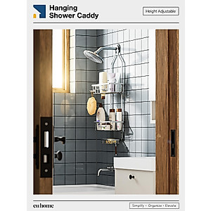 Adjustable Shower Caddy Hanging, EUHOME Never Rust Shower Organizer, Aluminum 3-Tier Large Capacity Shower Caddy Over Showerhead with Hooks, Soap/Razor Holder