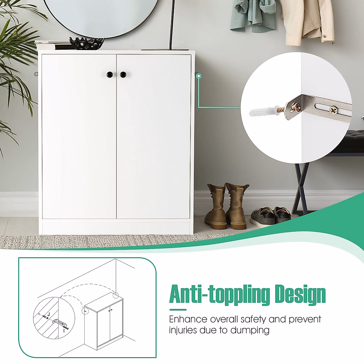 Giantex 2 Door Storage Base Cabinet - Freestanding Floor Cabinet with 3-Tier Shelf, Non-Slip Foot Pads, Kitchen Cupboard Storage Organizer for Living Room, Hallway, Entryway, Office (White)