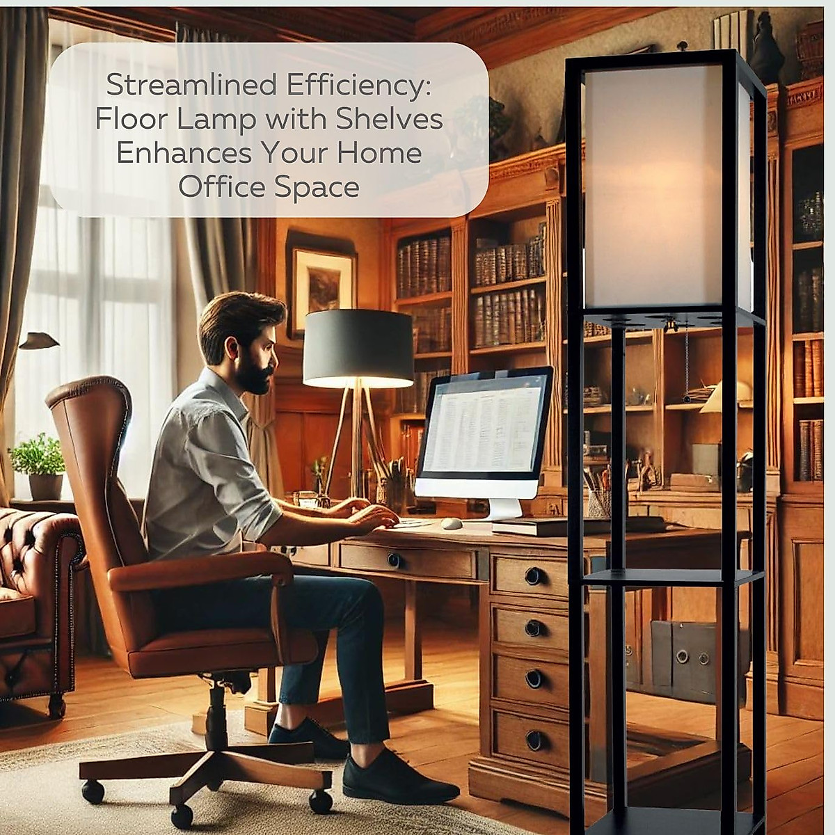 Floor Lamp with Shelves - Room Light by LIGHTACCENTS - Corner Storage Standing Bookshelf Lamp - Bedroom Light with Wooden Storage Shelves and White Cotton Linen Shade (Black)