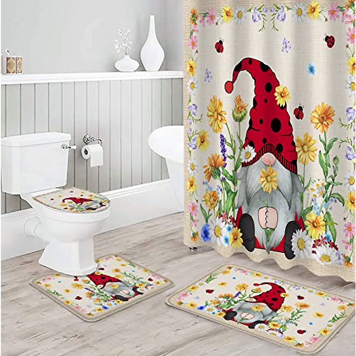 BULING 4Pcs Shower Curtain Set with Rugs,Farmhouse Ladybug Gnome with Daisy Sunflower Spring Summer Pattern Shower Curtain with 12 Hooks, Bath Mat, Toilet Lid Rug and Non-Slip U Shape Mat Accessories