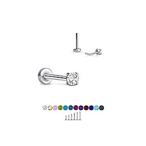 316 Stainless Steel Threadless Push Pin Nose Ring Labret Monroe Stud 1.5mm Prong Hot Pink CZ 18G