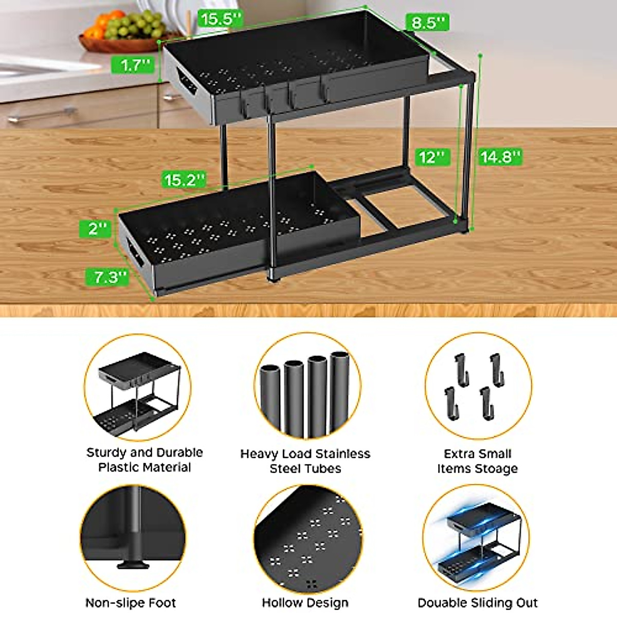 JWQ Under Sink Organizers and Storage 2 Pack, Pull-out Large Capacity Under Bathroom and Kitchen Cabinet Storage Drawer Organizer with Hooks, Multi-purpose Under Sink Shelf Organizer, Black