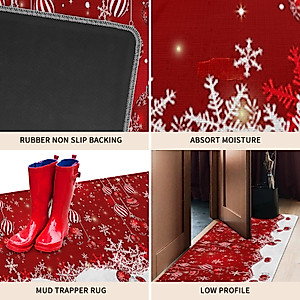LUSWEET Xmas Kitchen Mat 2 Piece Christmas Kitchen Rugs Non Slip Winter Snowflake Mats Soft Glitter Sparkle Kitchen Runner Rug Water Absorbent Red Floor Mat for Kitchen,Sink,Laundry 16"x24"+16"x47"