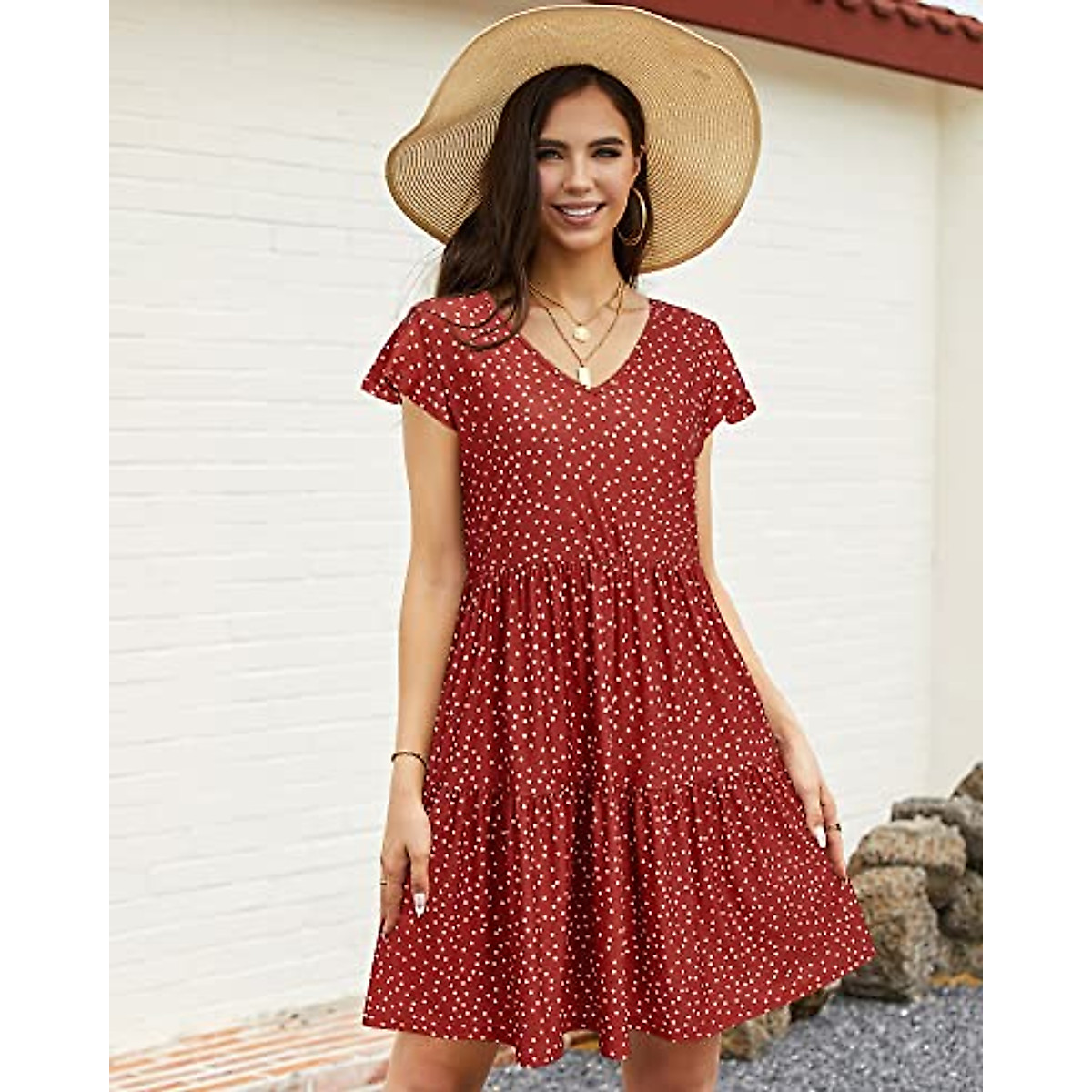 ULTRANICE Summer Sun Dresses for Women 2023 Casual Trendy V Neck Polka Dot Ruffle Mini Dress(Red,S)