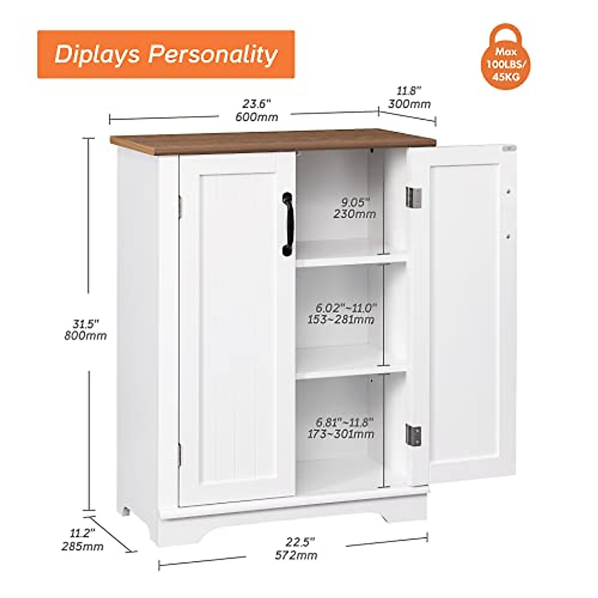WAMPAT Bathroom Storage Cabinet, Wooden Floor Storage Cabinet with Adjustable Shelves for Living Room, Entryway, Space Saving, White