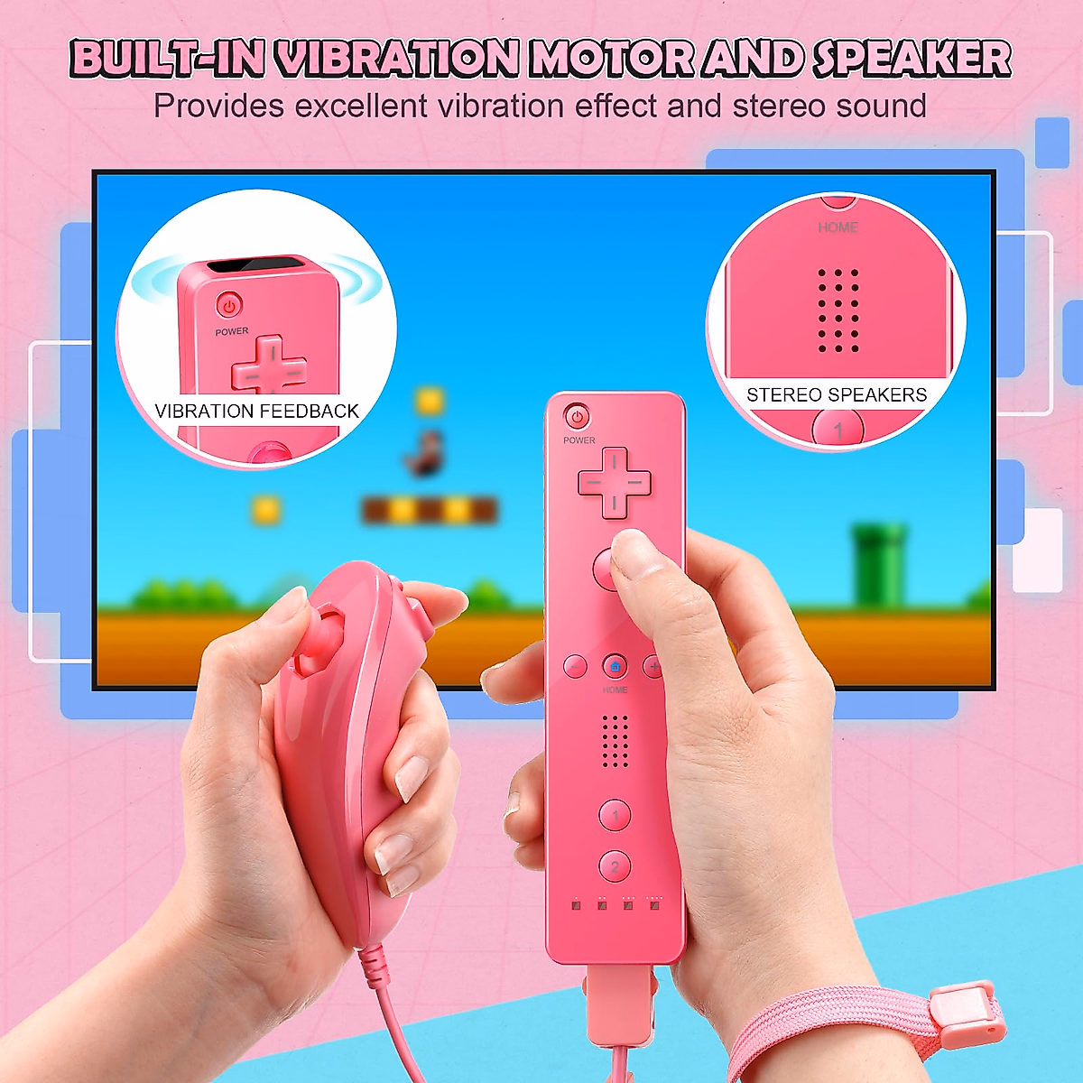 PGYFDAL Wii Controller 2 Pack, Wii Remote Controller and Nunchuck Joystick with Silicone Case and Wrist Strap for Holiday (Pink and Blue)