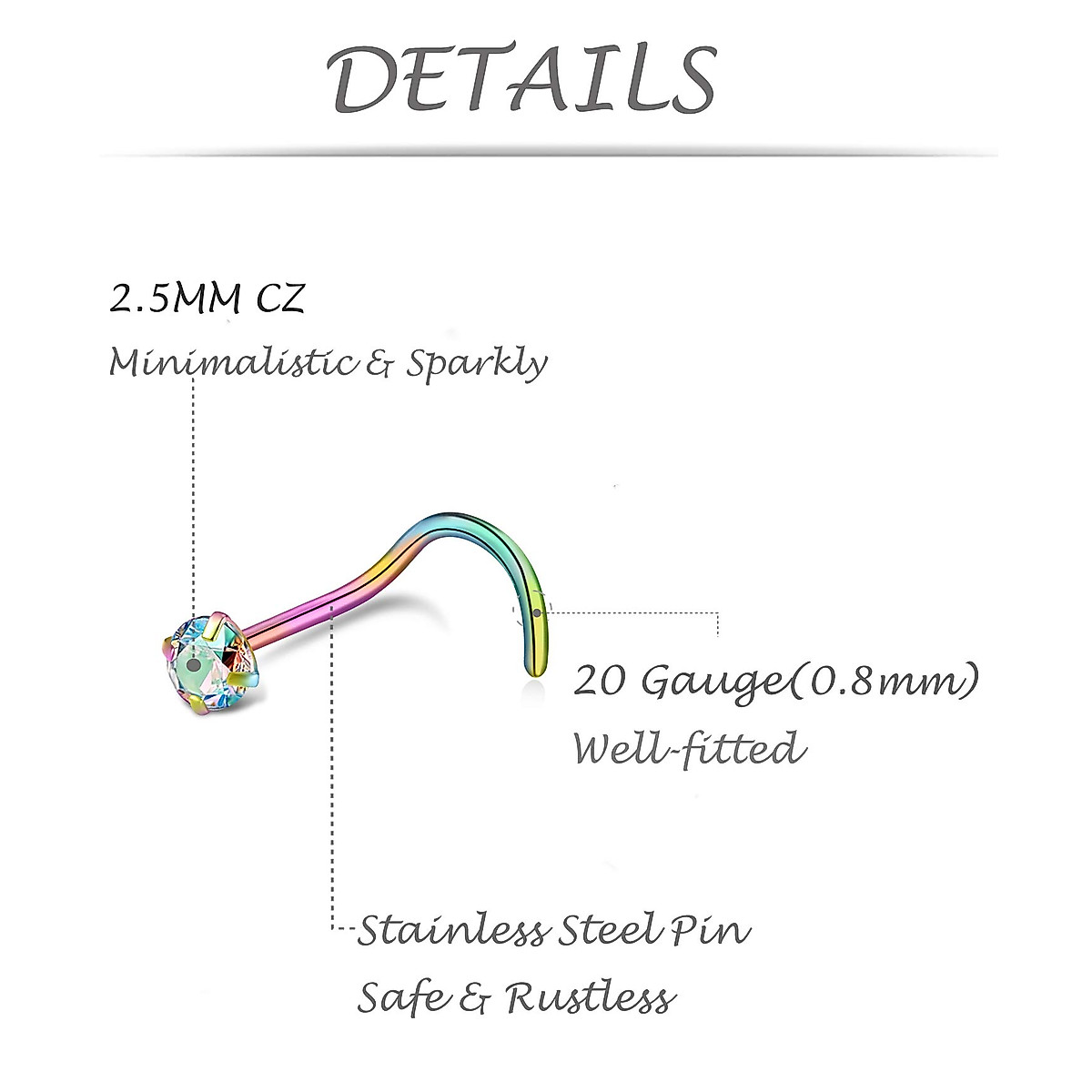 Tornito 20G 6Pcs Stainless Steel Nose Screw Studs Rings CZ Nose Ring Labret Nose Piercing Jewelry for Men Women