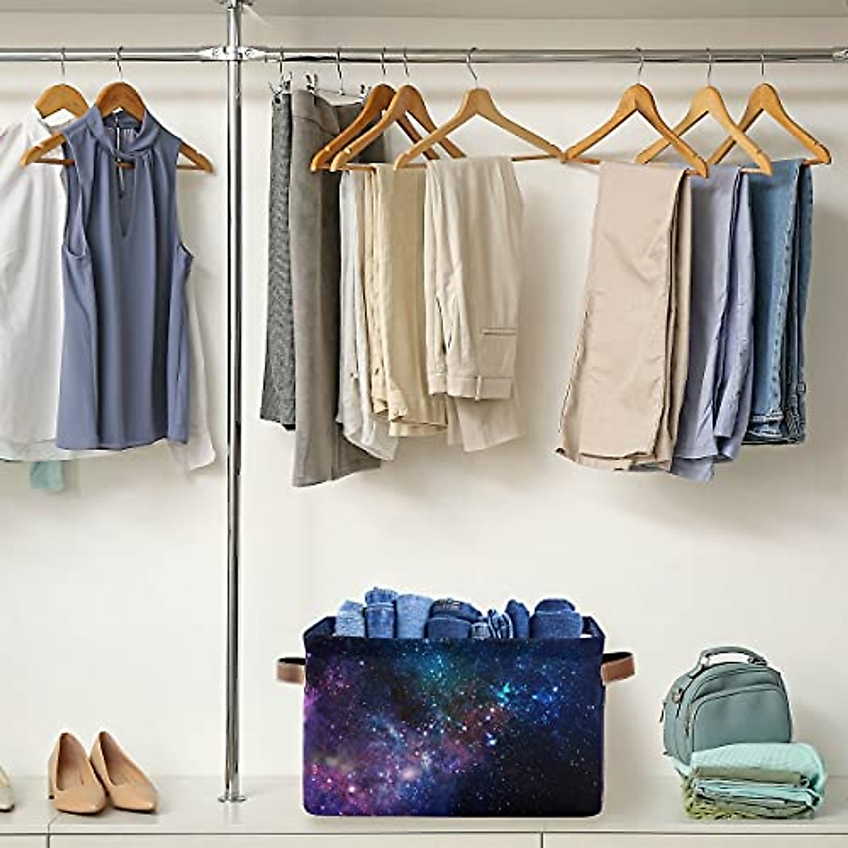AUUXVA Galaxy Nebula Stars Storage Bins Basket, Universe Outer Space Collapsible Storage Cube Rectangle Storage Box with Handles for Shelf Closet Nursery Bedroom Home Office 2 Pack