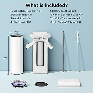 GMFINE Sublimation Tumbler Blank 20 oz Skinny Straight with Lids & Metal Straw, Stainless Steel Insulated Sublimation Cups Blank for Mugs Tumbler Heat Press, Pack of 8