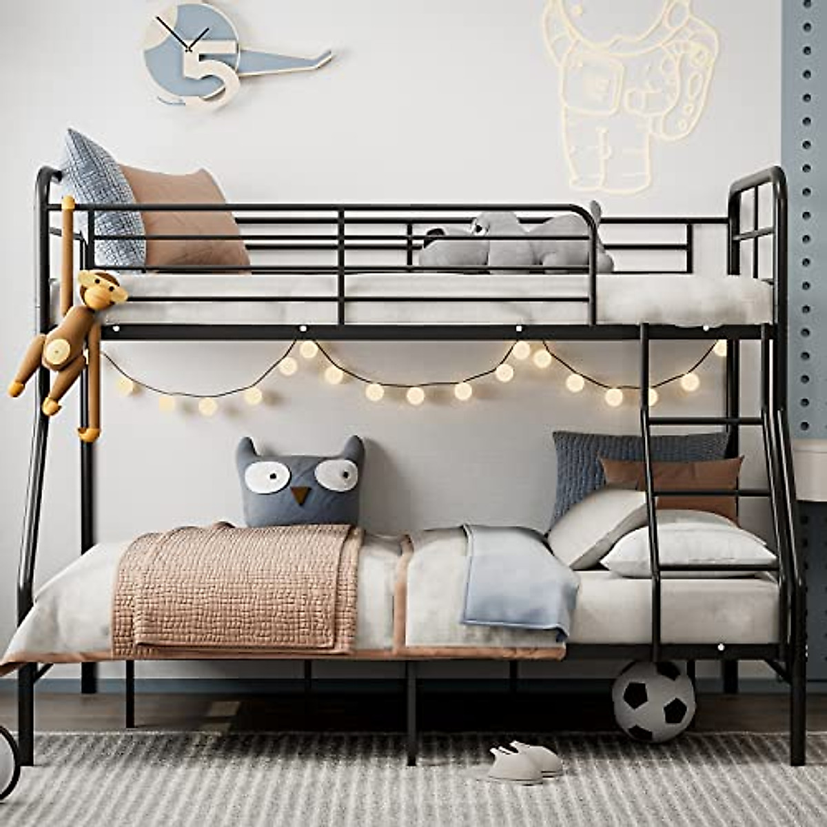 IKIFLY Metal Twin Over Full Bunk Bed, Heavy Duty Bunk Bed Frame with Safety Guard Rail & Ladder, Space-Saving Design/Noise Free/for Kids, Teens & Adults/No Box Spring Needed - Black