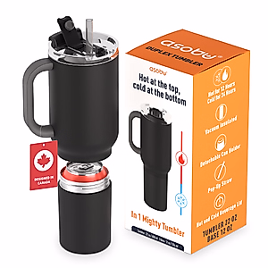 ASOBU DUPLEX 2-in-1 Travel Mug and Beer Can Holder Enjoy hot and cold drinks simultaneously -22 oz Hot Coffee or Tea Tumbler with Attached 12 oz Cold Can Holder for Beer or Soda, Black