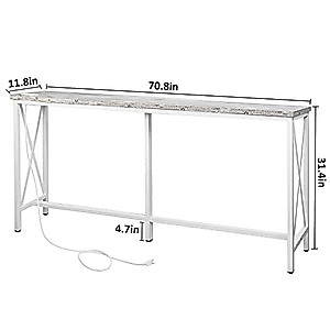VIKIZUES Console Table with Power Outlets & USB Ports, 70" Narrow Sofa Table with Metal Frame, Entryway Table for Living Room Hallway Foyer Entrance, Couch Table Behind Sofa, Vintage White