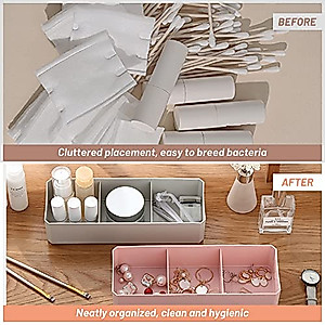 Ezebesta 3 Divider Organizer for Cotton Swab Ball Qtip Cotton Pads Holder Plastic Container Dispenser Box with Lid for Bathroom Storage ( Pink )