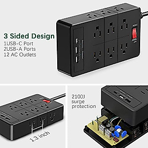Power Strip with USB C - 12 Widely Outlets with 2 USB Charging Ports+1 USB C Total 3.1 A, 6 ft Long Heavy Duty Extension Cord,Overload Surge Protection, Surge Protector Wall Mount for Home (Black)