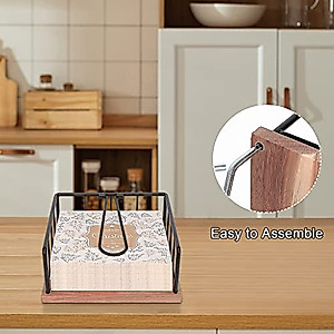 Livabber Flat Napkin Holder, Metal Kitchen Napkin Holder with Weighted Tension Arm Rustic Tissue Paper Dispenser for Countertop, Table Kitchen, Dining Room (With Wooden Base, Black)