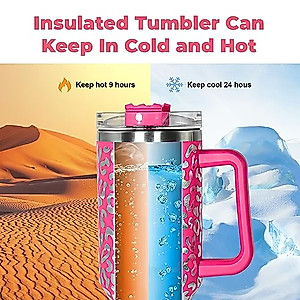 sweet grain 40oz Insulated Leopard Tumbler with Handle, Stainless Steel Coffee Hot Pink Tumbler with Lid and Straws,Double Vacuum Coffee Travel Mug Water Bottle for Office,Home, Party