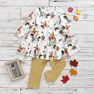 Aimaopao Toddler Baby Girls Fall Winter Clothes Set Little Girls Floral Tunic Tops Pants Outfits Clothing Yellow Floral 4T