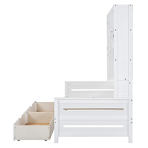 Merax Twin Size Wooden Daybed with 2 Drawers & Bookcase Headboard, and All-in-One Storage Cabinet and Shelf, White