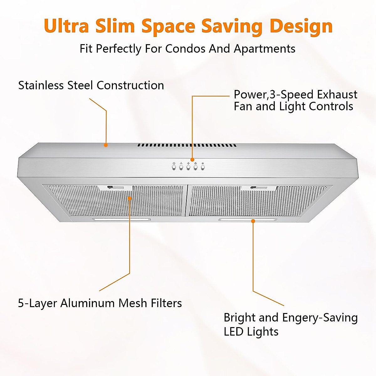 Range Hood 30 inch, 600 CFM Under Cabinet Range Hood with Strong Suction for Duct/Ductless Convertible, Stainless Steel Kitchen Hood with 3 Speed Exhaust Fan and Two Bright LED Lights