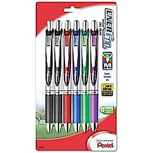 Pentel EnerGel RTX Retractable Liquid Gel Pens, Medium Point, 0.7 mm, 54% Recycled, Silver Barrel, Assorted Ink Colors, Pack of 6 Pens