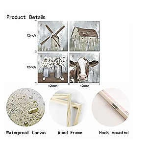 OuElegent 4 Piece Farmhouse Canvas Wall Art Rustic Cow Dutch Windmill Cotton Flower Picture Artwork Modern Countryside Printed Painting for Living Room Kitchen Decor Framed Ready to Hang 12x12 Inch