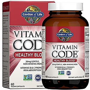Garden of Life Vitamin Code Iron Supplement, Healthy Blood - 60 Vegan Capsules, 28g Iron, Vitamins B, C, Trace Minerals, Fruit Veggies, Probiotics - Iron Supplements for Women Energy, Anemia Support
