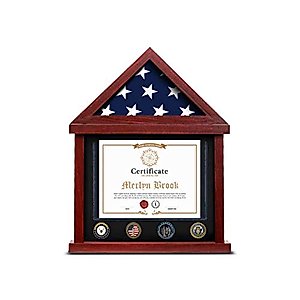 flybold Small Flag Case for American Veteran Burial Flag - Solid Wood Military Shadow Box with Wall Mount fits a 3 x 5 ft Folded Flag Display Case Set with Certificate Holder - Mahogany Frame