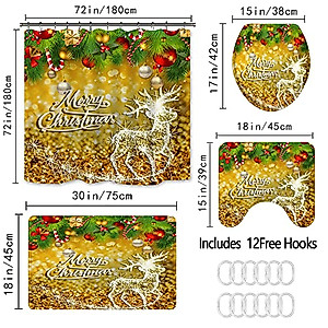 Casdseci 4Pcs Golden Christmas Shower Curtains Set with Non-Slip Rugs, Toilet Lid Cover and Bath Mat, Lucky Glowing Elk Waterproof Bathroom Curtain with 12 Hooks 72 x 72 Inch