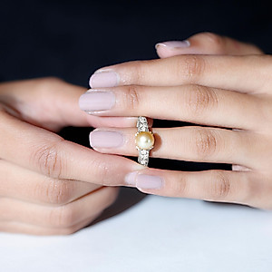 Rosec Jewels Natural Golden South Sea Pearl Solitaire Ring, Handpicked Certified 8MM Pearl Engagement Ring For Women, AAA Quality, 14K White Gold, Size:US 8.00