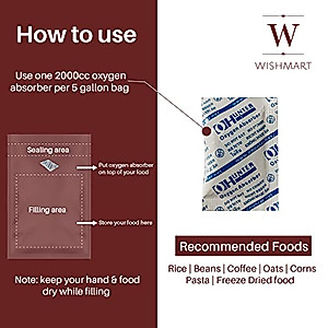 WISHMART 10pcs 5 Gallon Mylar Bags for Food Storage 14 mil Large Mylar Bags with Oxygen Absorbers (15 x 2000 cc)|Long term food storage containers solution for Rice, Wheat, Grains, Dry Bags for Meat
