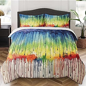 Duvet Cover Queen Size, Rainbow Red Orange Yellow Bedding Set with Zipper Closure for Kids and Adults, Green Blue Vintage Comforter Cover with 2 Pillow Shams for Bedroom Bed Decor