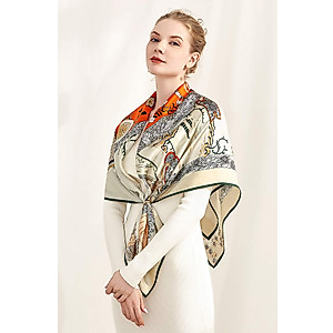 Grace Scarves 100% Silk Scarf, Extra-Large, Emperor's Phoenix, Ivory w Green Trim