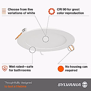 SYLVANIA 5”/6” LED Slim MicroDisk Recessed Downlight with Trim, 16W=100W, 5 CCT Selectable (2700K, 3000K, 3500K, 4000K, 5000K), Dimmable, Wet Rated / UL / Energy Star - 12 Pack (62238)