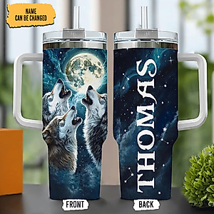 Foxcorner Personalized Wolf 40oz Tumbler with Handle and Straw Gifts for Wolf Lovers, Father's Day Cool Gifts For Him, Men, Birthday Gift Ideas, Custom Name Stainless Steel Travel Cup With Lid