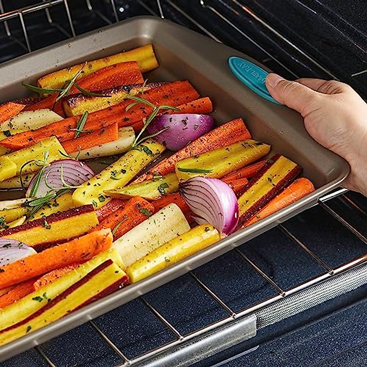 Rachael Ray Cucina Bakeware Set Includes Nonstick Bread Baking Cookie Sheet and Cake Pans, 5 Piece, Latte Brown with Agave Blue Grips